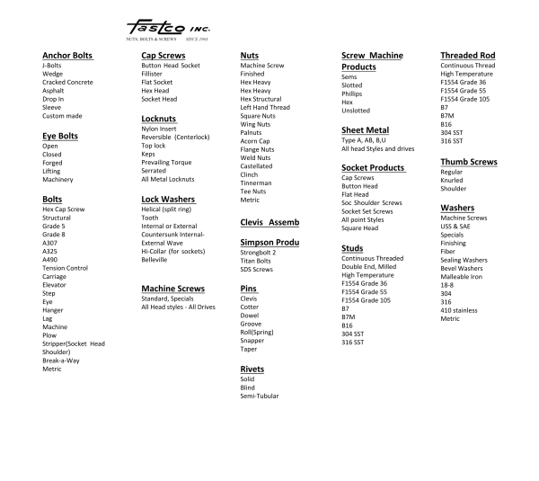 Products We Carry | Fasteners We Supply | Fastco Inc.
